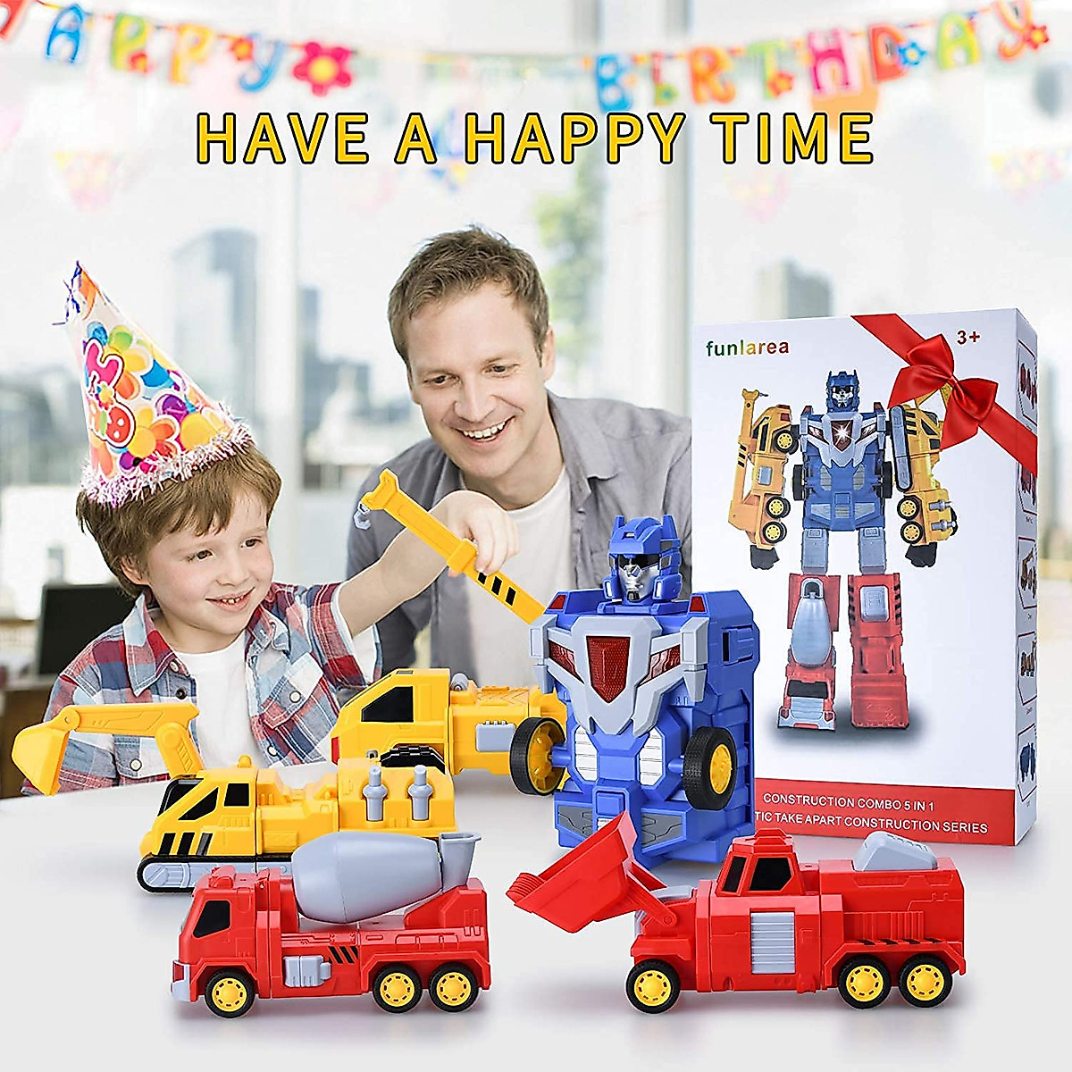 funlarea Toys for 3 4 5 6 7 8 Year Old Boys, Construction Vehicles Transform Robot Kids Toys, STEM Building Toys for Kids Ages 3-8, 5-in-1 Trucks Car Gifts for Boys Girls