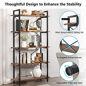 Tribesigns 5 Tier Bookshelf, Industrial Etagere Bookcase with Metal Frame, Rustic Tall Book Shelf Unit for Living Room, Study, Home Office (1, Rustic)