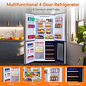 Takywep 4 Door French Door Refrigerator, 21 Cu.Ft Counter Depth Stainless Steel Refrigerators, Multifunctional Fridges with Freezer, Refresh, and Wine Cooler for Kitchen, Bedroom, Office, Dorm