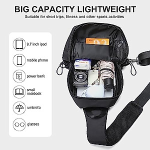 KEYEMP Small Sling Crossbody Bag Backpack Waterproof Lightweight Shoulder Travel Hiking Chest Bags with USB Charging Port for Men Women, Black
