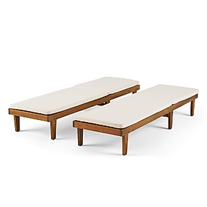 GDFStudio Oudoor Modern Acacia Wood Chaise Lounge with Cushion (Set of 2), and Cream