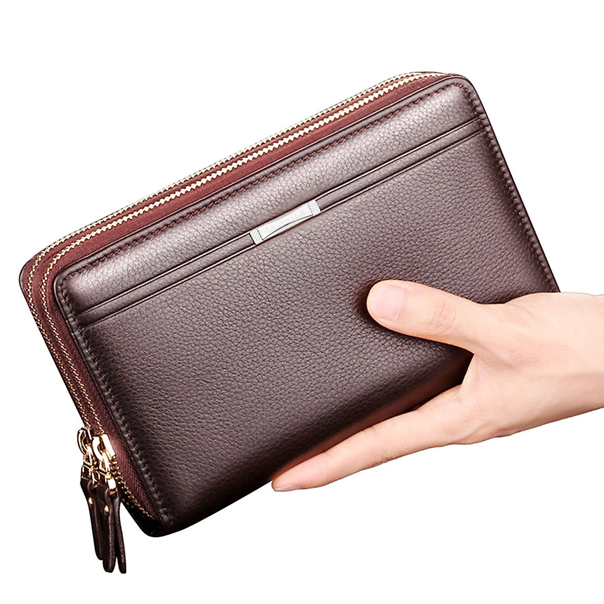 SUMGOGO Large Clutch Handbag Leather Zipper Around Wallets Wristlet Card Business Phone Wallet Case for Women Men (A-Brown)