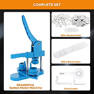 BEAMNOVA 25mm / 0.98 in (About 1 Inch) Button Maker Machine Round Pin Maker Kit Rotary Style with 200 Button Parts Supplies, Blue