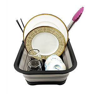 SAMMART 7.3L (1.9 Gallon) Collapsible Dish Drainer with Drainer Board - Foldable Drying Rack Set - Portable Dinnerware Organizer - Space Saving Kitchen Storage Tray (Black/Alloy Grey)