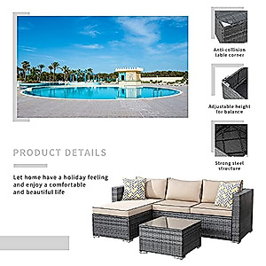 SUNLEI 3-Piece Patio Sectional Sofa, Patio Furniture Set with Detachable Soft Cushions, All Weather Outdoor PE Wicker Patio Conversation Sofa Set with Glass Coffee Table & ottoman, Silver Rattan/Beige