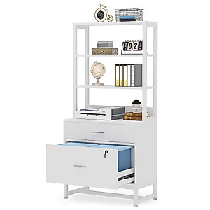 Tribesigns 2 Drawer Lateral File Cabinet with Lock, Letter Size Large Modern Filing Cabinet Printer Stand with Open Storage Shelves for Home Office, White
