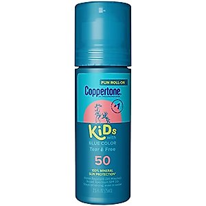 Coppertone Kids Roll-On Sunscreen with Blue Color, Zinc Oxide Sunscreen Lotion, Kids Tear Free Sunscreen, 2.5 fl oz bottle