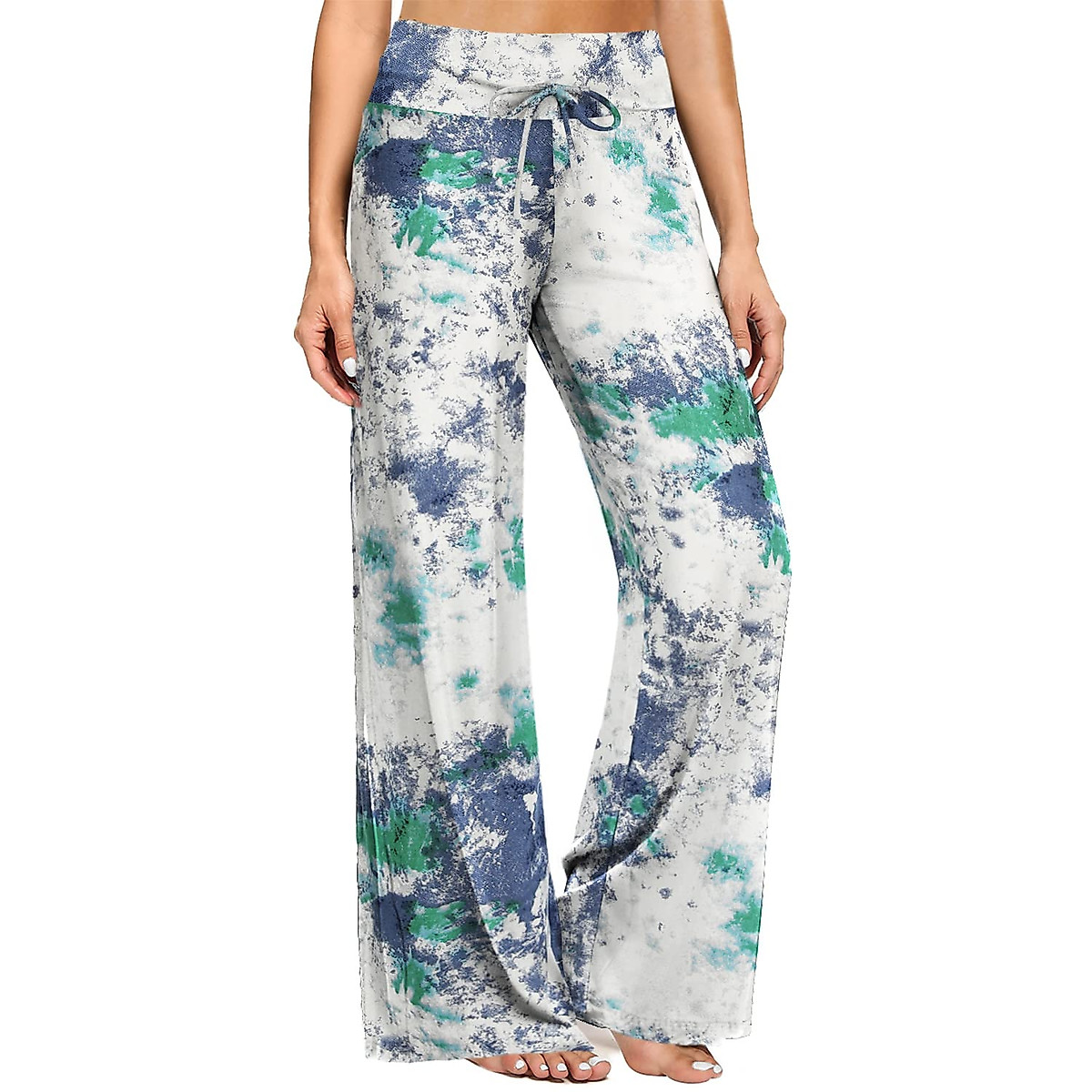 ZOOSIXX Women's Buttery Soft Pajama Pants | Floral Print Drawstring Casual Palazzo Lounge Pants Wide Leg | For All Seasons (B-sky Blue 2, Large)