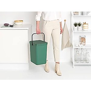Brabantia Sort & Go Kitchen Recycling / Garbage Trash Can (6.6 Gal / Fir Green) Stackable Refuse Organiser with Handle & Removable Lid, Easy Clean, PerfectFit Bags Included