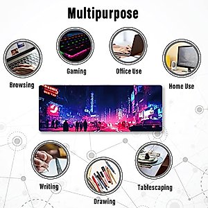 Ovenbird Large Gaming Mouse Pad with Stitched Edges, Cyberpunk Neon City Desk Mat, Extended XL Mousepad with Anti-Slip Base, Cool Desk Pad for Keyboard and Mouse, 31.5 x 11.8 in, Black