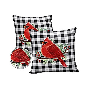Vandarllin Outdoor Throw Pillows Covers 20X20 Set of 2 Waterproof Red Cardinals Decorative Zippered Lumbar Cushion Covers for Patio Furniture, White Black Buffalo Check Plaid