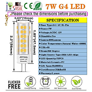 JSVSAL (4-Pack G4 LED Bulb Dimmable 7 Watt G4 Bulb Equivalent to 60W 70W G4 Halogen Bulb Replacement, T3 JC Type Bi-Pin G4 Base, DC/AC 12V Natural White-4000K G4 Light Bulb