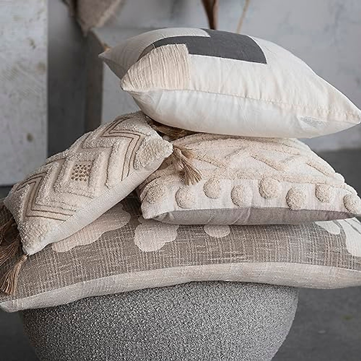 Bloomingville Cotton Botanical Print and Fringe, Grey Lumbar Pillow, Tan