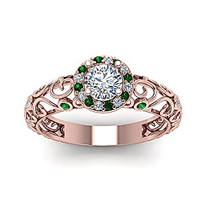 Jewelryonclick Dome Filigree Halo Diamond Ring rose gold plated Created Emerald Round shape Green color Vintage Engagement Rings bezel Setting in Size 4 Handcraft Chakra Healing