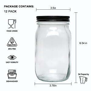 QAPPDA 32 OZ Glass Jars with Lids Set of 12,Clear Wide Mouth 1000ML Glass Mason Jar with Airtight Lid,Durable Glass Food Storage Canning Jars for Pickles,Jams,Preserving