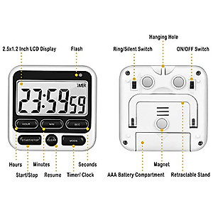 KTKUDY Digital Kitchen Timer with Mute/Loud Alarm Switch ON/Off Switch, 24 Hour Clock & Alarm, Memory Function Count Up & Count Down for Kids Teachers Cooking, Large LCD Display, Strong Magnet (Black)