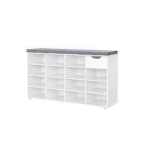 DINZI LVJ Shoe Bench, Entryway Storage Bench with Drawer and 15 Cubbies, Cubby Shoe Rack with Adjustable Shelves, Shoe Organizer Cabinet for Living Room, Bedroom, Mudroom, Closet and Garage, White