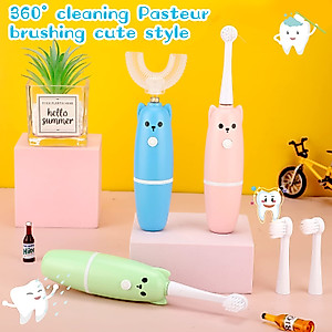 3 Pcs Kids Electric U Shaped Toothbrush Toddler Electric Toothbrush 360 Whole Mouth Toothbrush Ultrasonic Children Toothbrushes Automatic Cartoon Tooth Brush with 3 Types Brush Head for Oral Cleaning