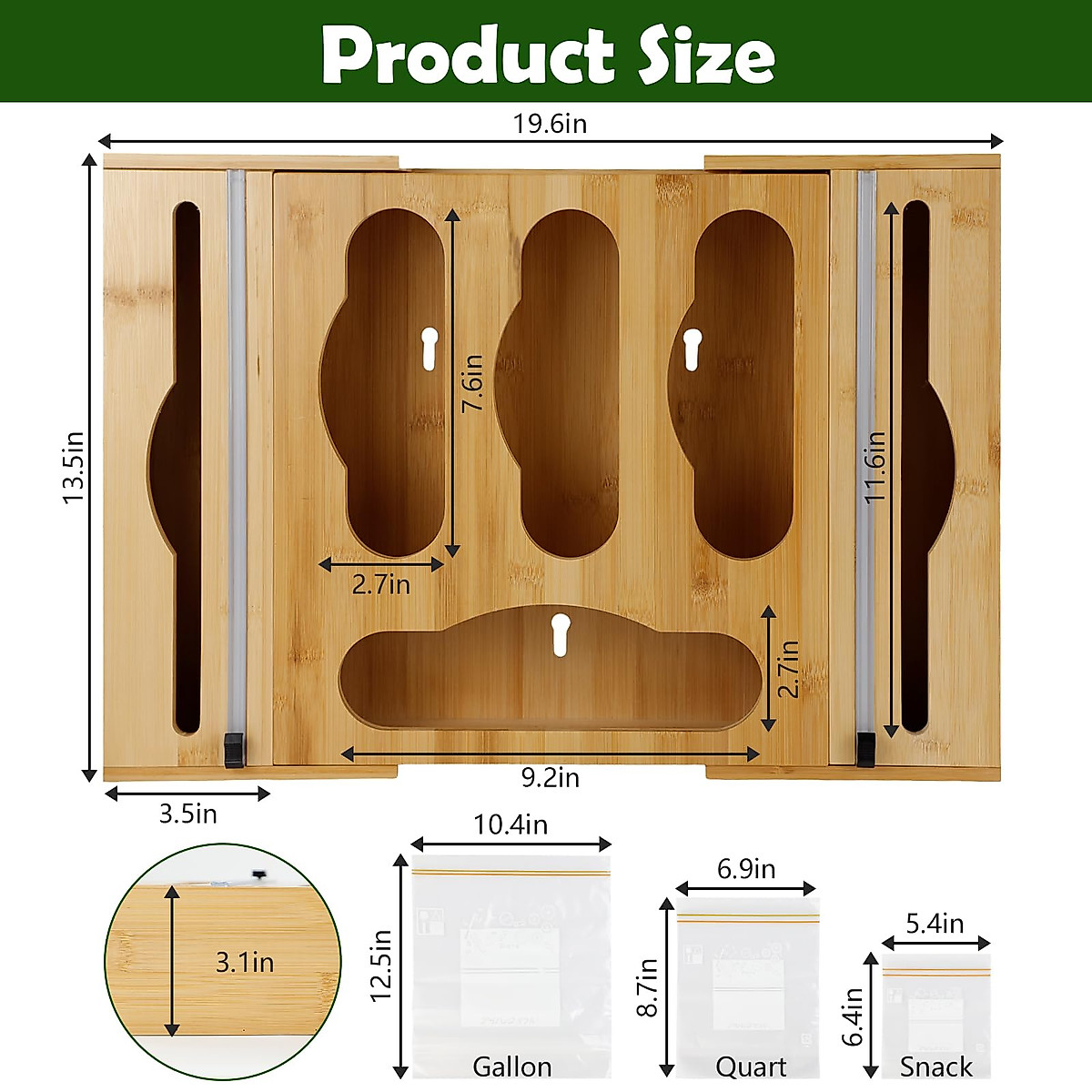 IEMIEBSHA Zip Lock Bag Organizer, 6 in 1 Foil and Plastic Wrap Dispenser with Cutter, Baggie Organizer for Kitchen Drawer, Bamboo Storage Bag Organizer for Gallon Quart Sandwich Snack Bags