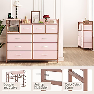 GarveeHome Dresser for Bedroom with 9 Drawer, Tv Stand with Charging Station, Fabric Chest of Drawers for Bedroom Dresser for Modern Design, Pink