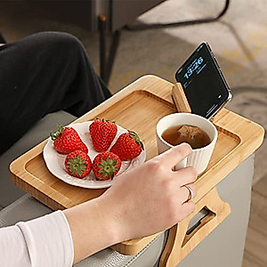 GEHE Bamboo Couch Arm Table for Wide Couches Arm, Foldable Sofa Arm Tray Clip Table with 360° Rotating Phone Holder, Portable Couch Arm Tray/Armrest Tray for Eating and Drink Tray Table
