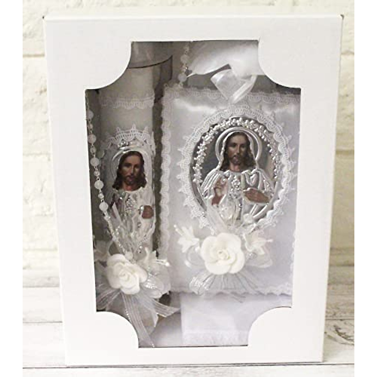 Elegant Handmade 5 Piece Jesus Foil Picture Lace Baptism Christening Shells Candle Set Favors Girl Boy White Set de Bautizo Espanol Nina Nino Berries Communion Lace Gift Box