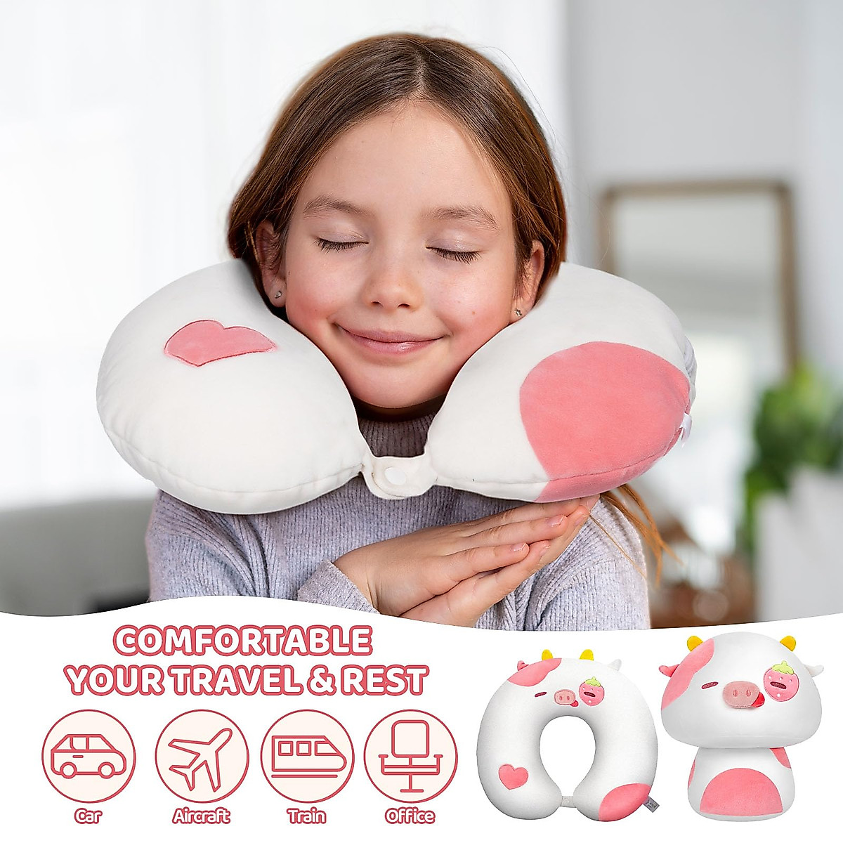 Mewaii Kids Travel Pillow, Cute Strawberry Cow Stuffed Animal Neck Pillow for Kids & Adults, Reversible Plush Squishy 2-in-1 Travel Plush Pillow for Airplane, Car, Train