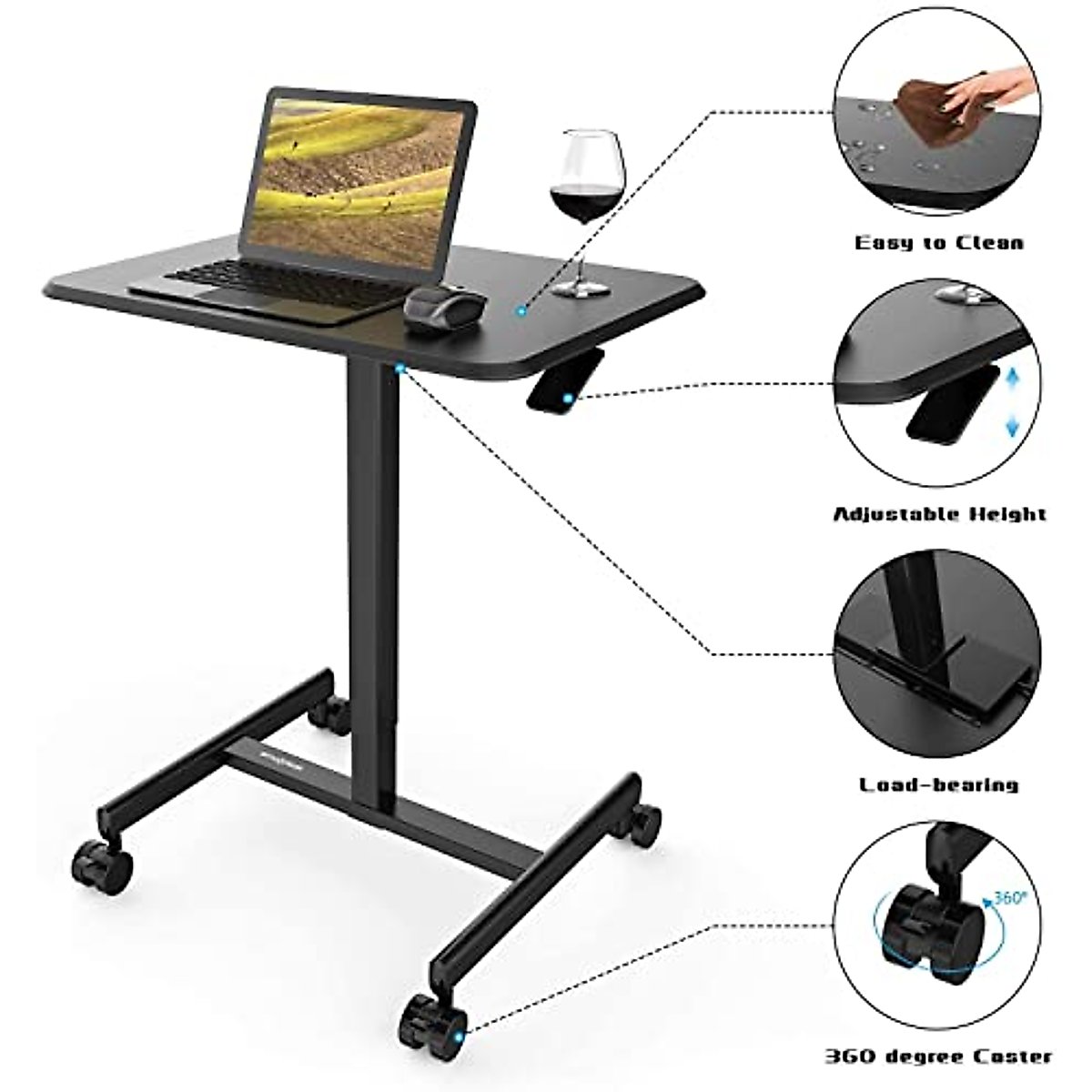 SMUGDESK.COM Mobile Laptop Desk Sit-Stand Desk Adjustable Height Laptop Desk Cart Ergonomic Table Small Standing Desk with Pneumatic Height Adjustments (Obsidian)