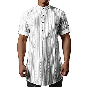 JOGAL Mens Striped Henley Shirt Short Sleeve Traditional African Style Dashiki Shirts White X-Large
