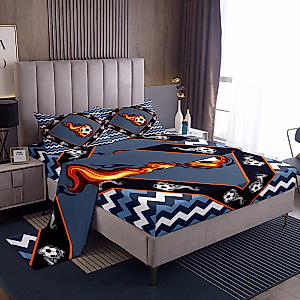 Erosebridal Soccer Sheet Set for Kids Boys Girls,Black Blue Geometric Striped Bed Sheets King,Flame Football Bedding Set,Modern Sports Ball Print Fitted Sheet + Top Sheet + 2 Pillowcases