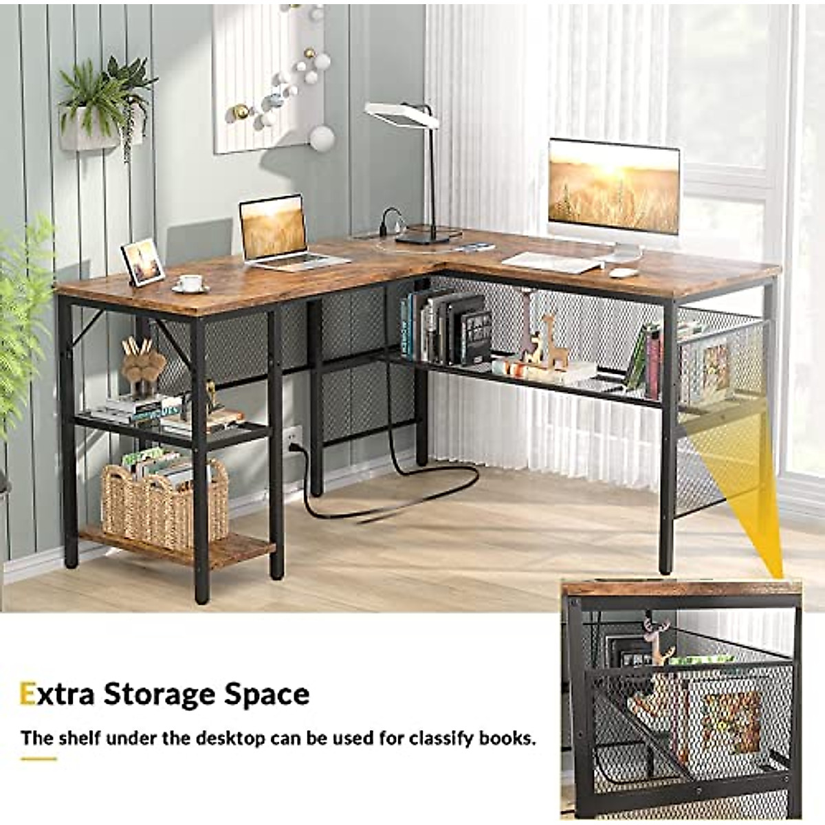 L Shaped Desk with USB Charging Port and Power Outlet, Reversible L-Shaped Corner Computer Desks with Storage Shelves, Industrial 2 Person Gaming Table Modern Home Office Desk