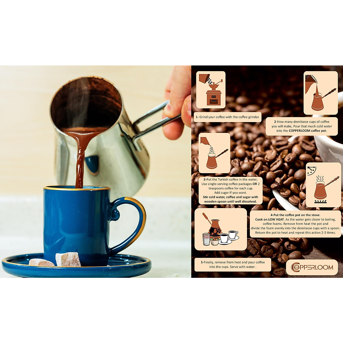 Copperloom Quality Turkish Coffee Pot - Cezve - Turkish Coffee Maker, Arabic Coffee Pot, Briki Greek Coffee Pot, Greek Briki, Ibrik (15oz)