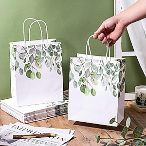 WRAPAHOLIC Medium Eucalyptus Kraft Paper Gift Bags - Green Eucalyptus Leaves Design for Birthday, Baby Shower, Holiday, Party Gift Wrap (Pack of 12)