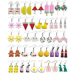 WAINIS 24 Pairs Cute Earrings Weird Earrings Funny Goldfish Earrings Water Bottle Earrings Milk Tea Dangle Earrings for Women