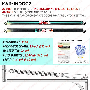 KaiMinDogz Pair of 100lb. Heavy Duty Garage Door Extension Springs Stretch Springs, 25" Long,Double Loop Ends, High Precision Electrophoresis Black Coated, MIN 16,000 Cycles, for 7ft High Garage Doors