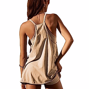 Yidarer Women's Summer Sleeveless Mini Dress V Neck Spaghetti Straps Athletic Shorts Dress with Pockets(Khaki-L)