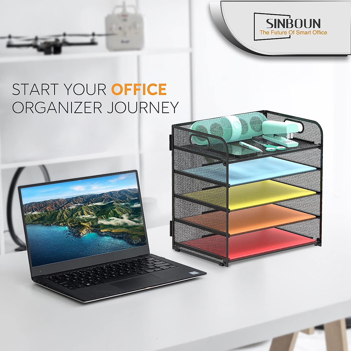 Sinboun Letter Tray Paper Organizer 5-Tier Mesh Desk File Organizer Paper Sorter Holder with Handle, Metal Desktop Document Shelf Tray for Letter/A4 Office Organization - Black