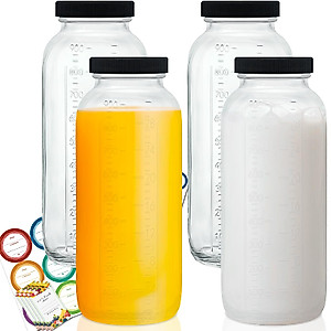 AiHeart 4pcs Glass Milk Bottles (32oz), Reusable & Dishwasher Safe, Perfect for Milk, Yogurt & More