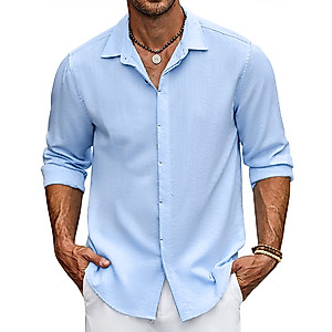 COOFANDY Men's Summer Beach Vacation Shirt Long Sleeve Shirt Business Work Shirts Clear Blue