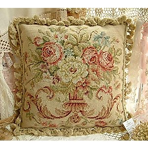 GoldenAppleArt 16" Elegant Roses in Urn Vintage Handmade Aubusson Design Needlepoint Pillow