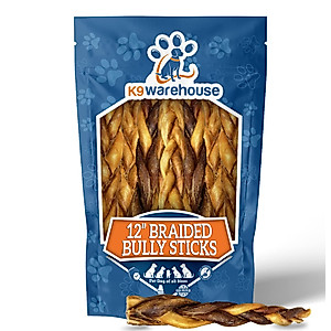K9warehouse Braided Bully Sticks for Dogs - 12 inch (3 Count)