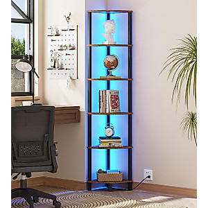 VIMBER 6-Tier Corner Shelf with LED Light, Industrial Corner Ladder Shelf, Rustic Display Shelf for Living Room, Bedroom, Kitchen, Home Office, Sturdy Frame, Rustic Brown and Black UJSJ002F