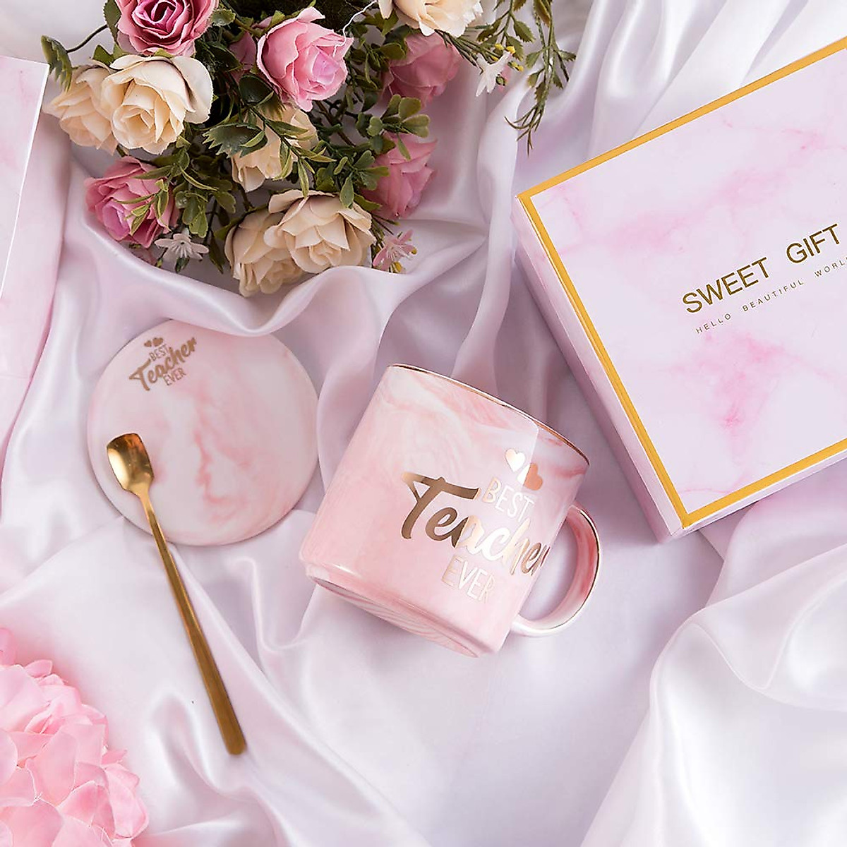 Best Teacher Ever Pink Marble Ceramic Coffee Mug (11.5oz) and Coasters Set - Teacher Gifts - Teacher Appreciation Gifts - Gifts for Teacher - Birthday Gifts Ideas for Teacher