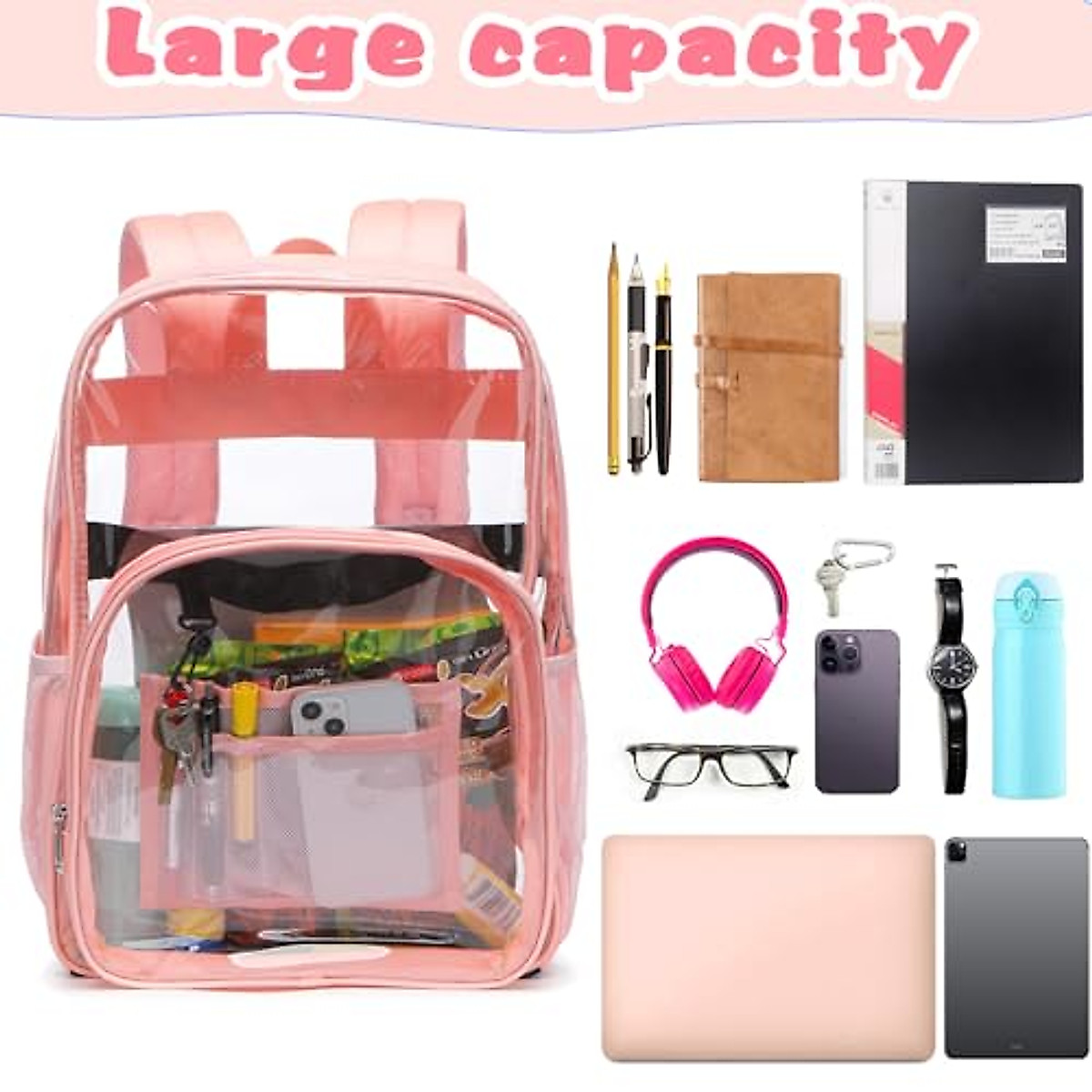 BLUEFAIRY Clear Backpack for School Stadium Approved Large PVC See Through Bag Heavy Duty Bookbag Transparent Plastic Bag for Kids Students Work Events 17" Pink