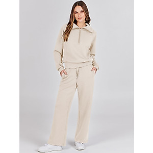 Prinbara Women 2 Piece Outfits Lounge Sets 2024 Winter Oversized Sweatshirt Wide Leg Pant Casual Matching Sweat Set Tracksuit Apricot Small