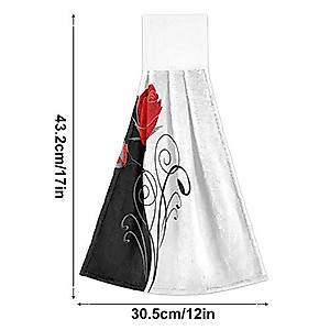 AUUXVA Hanging Hand Towels Beautiful Black White Red Rose Flower Kitchen Towels Absorbent Wipe Dish Towel Soft Washcloth Towels for Bathroom Gym Home Decor, 2 Pack