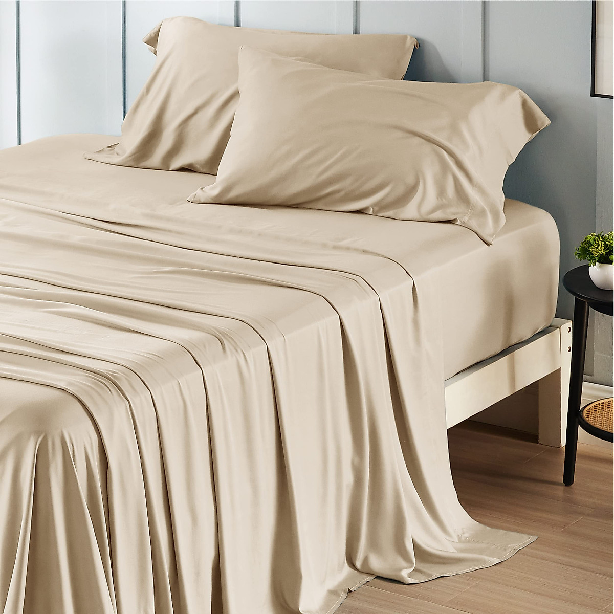 Bedsure California King Sheet Set, Cooling Sheets for Hot Sleepers, Rayon Derived from Bamboo, Breathable & Soft Deep Pocket Up to 16 Inches, Hotel Luxury Silky Bedding, Bedsheet & Pillowcases, Beige