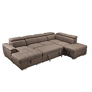 THSUPER 127'' Microfiber Oversized U-Shaped Sectional Sleeper Sofa Couch with Pullout Bed, 7 Seats Couch with Adjustable Headrests, Sofa with Storage Chaise and Ottoman for Living Room. Light Brown