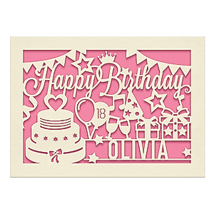 EDSG Personalized Birthday Card Laser Paper Cut Greeting Cards with Envelope, Any Age, Any Name, Any Occasion, Pink