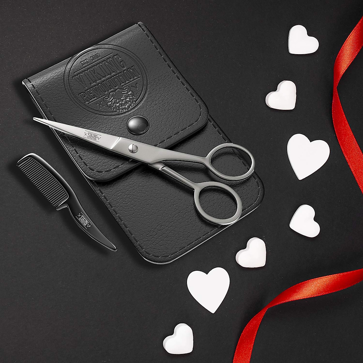 Viking Revolution - Beard and Mustache Scissors w/Comb and Synthetic Leather Case Professional Sharp Surgical Grade Steel for Trimming, Grooming, Cutting Mustache, Beards & Eyebrows Hair